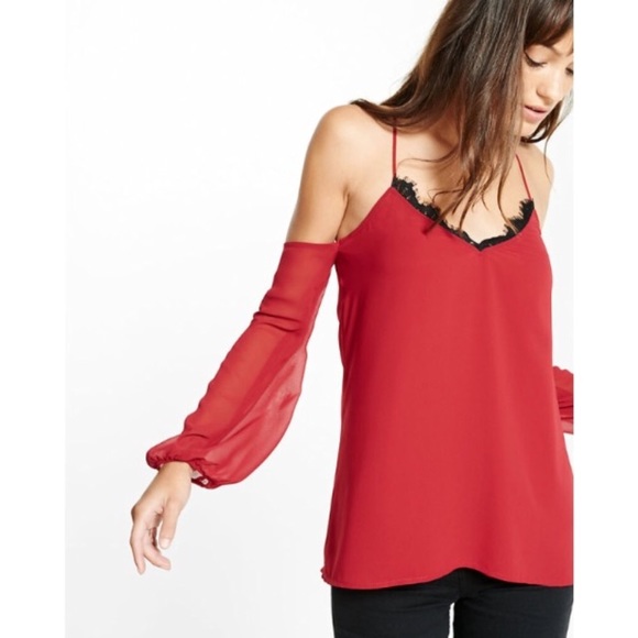 Express | Tops | Nwt Red Chiffon Cold Shoulder Blouse | Poshmark